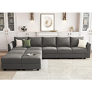 HONBAY Reversible Modular Sofa Couch with Chaise L Shaped Sectional Sofa Oversized Velvet Modular Sofa Sleeper with Storage Seats, Grey