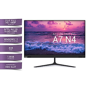 23.8" Full HD IPS All-in-One Desktop Computer with Windows 11 - Intel N4120 QuadCore, 4GB RAM, 128GB SSD, Dual-Band WiFi, Bluetooth, Expandable HDD - AIO PC with Front Camera, Wireless Keyboard, Mouse