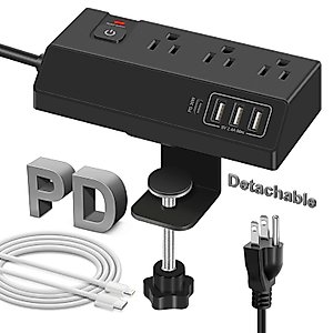 Desk Clamp Power Strip USB C (20W PD Fast Charging) - Desktop Surge Protector with 3 Outlets 4 USB Ports - Edge Mount Power Strip Desk Outlet Station Plug Extender - Phone Office Desk Accessories