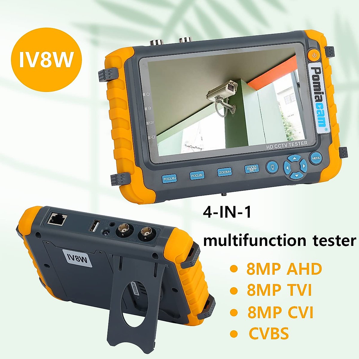 AHD CCTV Monitor Camera Tester IV8W 5 Inch 4-in-1 8MP AHD TVI 8MP CVI CVBS 1080P Coaxial HD Video Testerr Support RS485 PTZ Controller/UTP Cable Test/VGA HDMI Input/DC12V Output