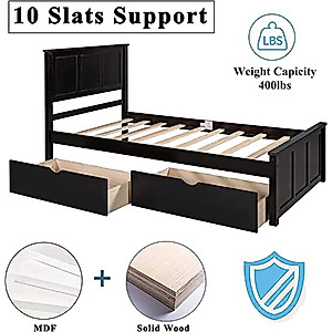 Twin Bed Frame with Drawers , Kids Twin Bed Frame, Wood Twin Platform Bed with Headboard , Twin Storage Bed ,No Box Spring Needed ,Espresso