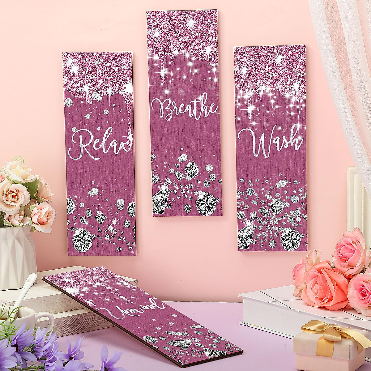 Huwena 4 Pcs Glitter Diamond Bathroom Wall Decor Wooden Relax Wish Unwind Breathe Wall Art Bathroom Decor Pink Silver Shiny Drips Hanging Bathroom Sign for Living Room Home Spa Bathroom