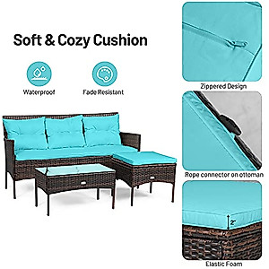 RELAX4LIFE 3 Pieces Patio Furniture Sectional Set, Rattan Wicker Conversation Set W/ 5 Cozy Seat & Back Cushions, Tempered Glass Coffee Table for Poolside, Backyard Outdoor Furniture (Turquoise)