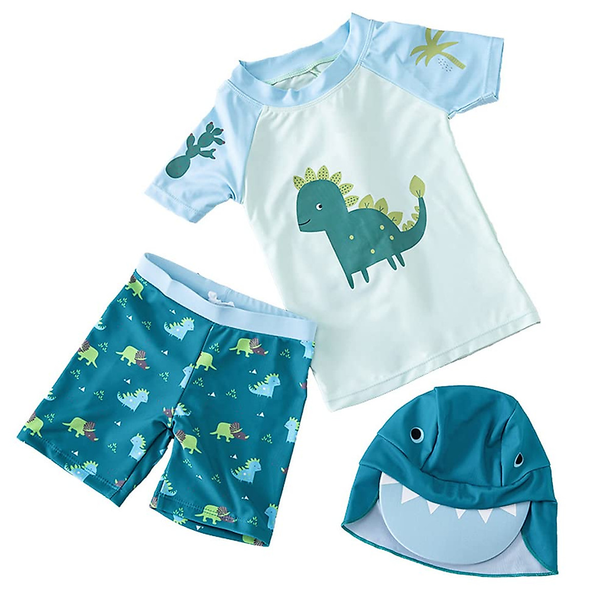 SWMSTUPF Baby Boys Swimsuit Toddler Two Pieces Swimwear Set Dinosaur Bathing Suit Rash Guards with Hat UPF 50+（Dinosaur,18-24Months）
