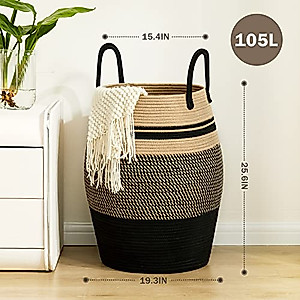 105L Extra Large Laundry Hamper Basket by Fiona's magic, Woven Tall Clothes Hamper for Storage Blanket, Toys and Dirty Cothes in Bedroom and Living Room Organizer, Brown & Black