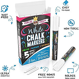 CHALKY CROWN Liquid Chalk Marker Pen - White Drawing Chalk - Chalk Markers for Chalkboard Signs, Windows, Blackboard, Glass - 6mm Reversible Tip (5 Pack) - 24 Chalkboard Labels Included