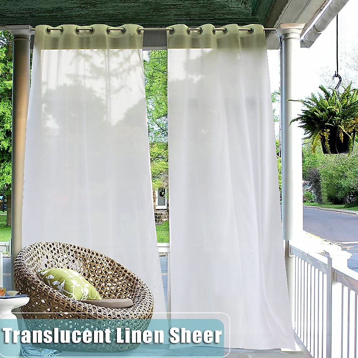 RYB HOME Outdoor Sheer Curtains - Linen-Like White Sheer Panel Grommet Top Dry Fast Prevent Directly Light Exposure for Garden/Porch, with Free Rope Tieback, W 54 x L 96 inch, 1 Pc