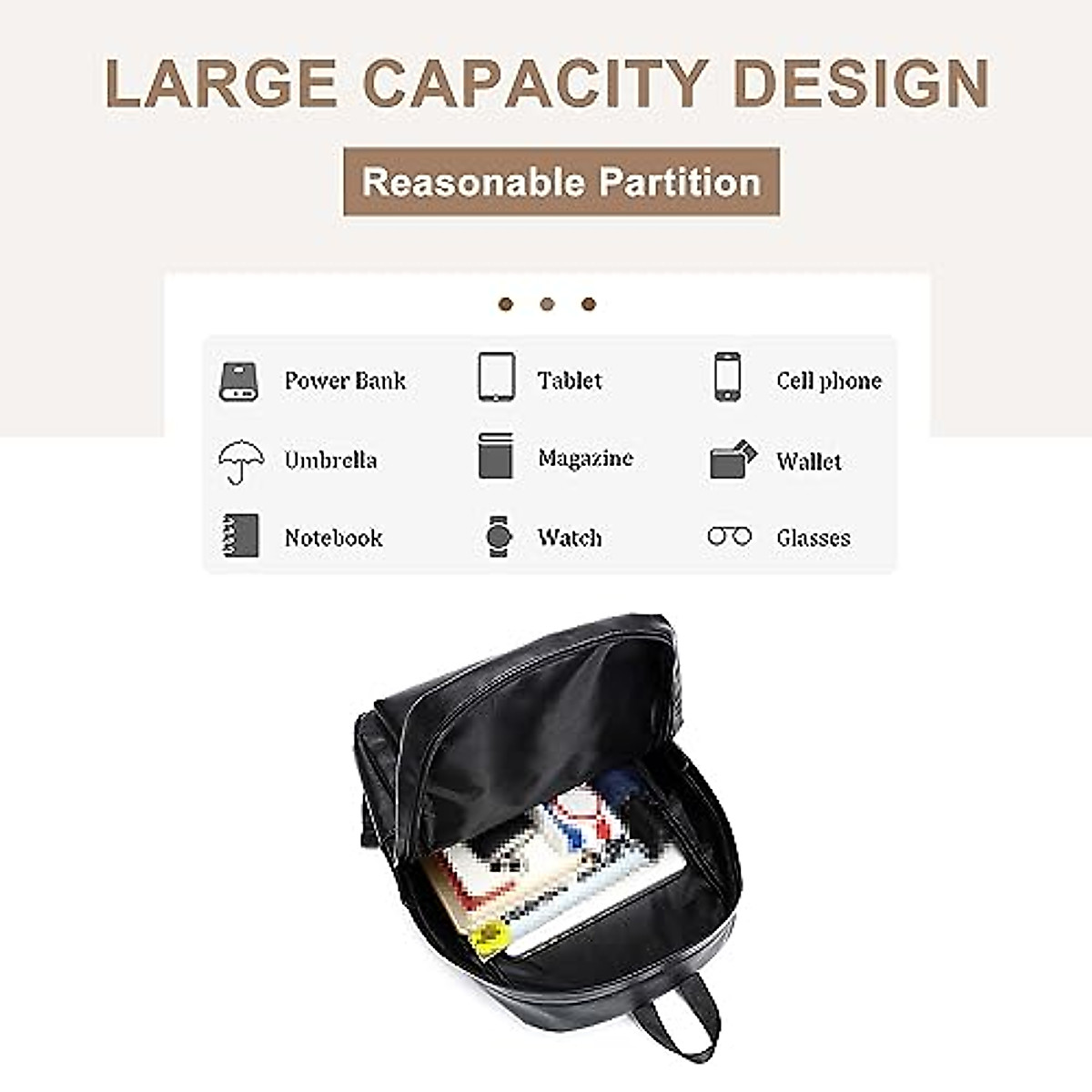 Men's 15 inch Laptop Backpack PU Leather Business Bookbag Large Capacity Casual Daypack for Work Commuting (Black)