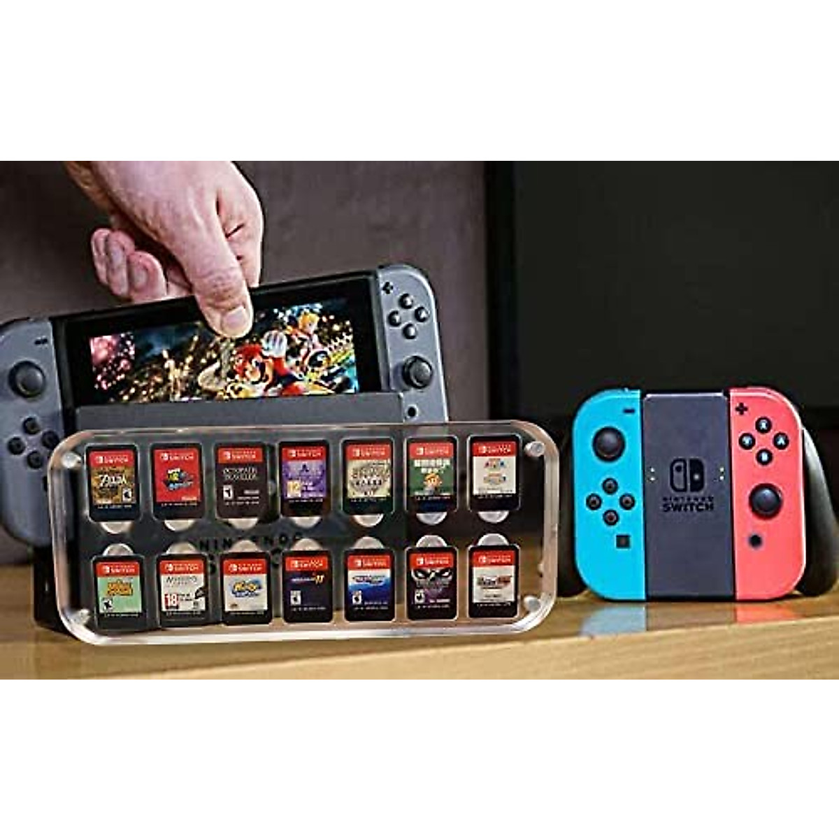 X-Richmen 14 in 1 Game Card Case for Nintendo Switch Acrylic Storage Box Transparent Display Cabinet of Switch Game Card Cartridge, Gift Box of Mario Mushroom Red and Blue Thumb Grip 2PCS