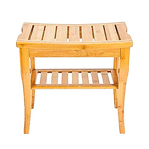 Bamboo Shower Bench Spa Stool, 2-Tier Shower Seat Bench , Foot Rest Shaving Stool with Non-Slip Feet Storage Shelf Organizer for Bathroom, Living Room, Bedroom and Garden Decor