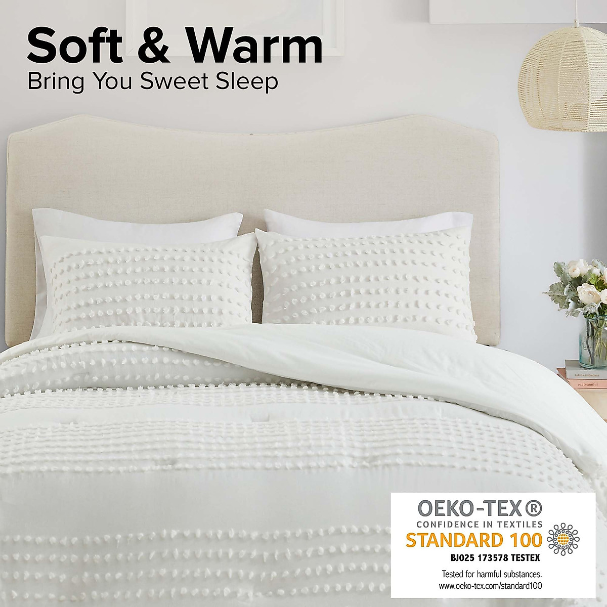 Comfort Spaces Cotton Comforter Set Jacquard Pom-Pom Tufts Design, Down Alternative, All Season Modern Bedding, Matching Shams, Full/Queen, Phillips, Ivory