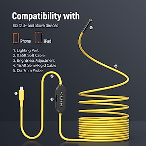 DEPSTECH Endoscope Camera with Lights, 7mm Slim Probe Borescope Inspection Camera with Bluart 3.0 Tech, 16.4ft Semi-Rigid Cable, IP67 Waterproof Snake Camera for IOS 12.0+ Device,Gadget for Men-Yellow