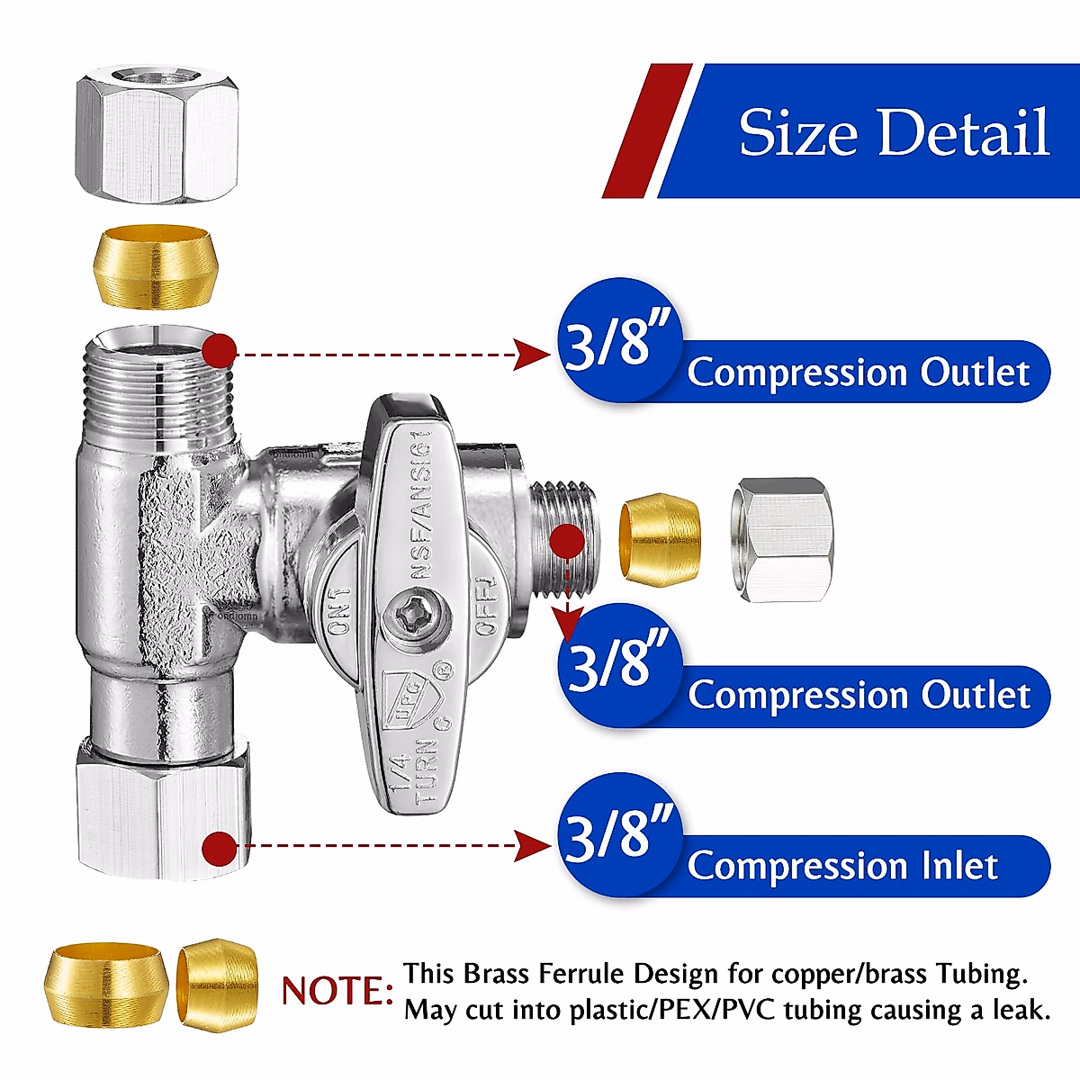 Tee Stop Valve Add-A-Tee Valve, 3/8" Compression Faucet T Adapter Connector Splitter for Dishwasher Washing Machine Toilet Supply Line(3/8x3/8x3/8)
