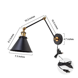 Black Wall Sconces Lighting, Modern Industrial Plug in or Hardwired Adjustable Swing Arm Wall Lamp with Antique Brass Finish for Bedroom, Living Room and Kitchen