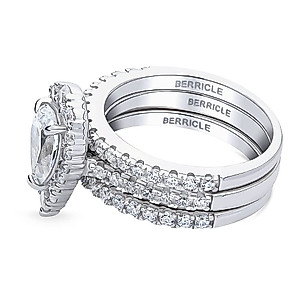 BERRICLE Sterling Silver Halo Wedding Engagement Rings Pear Cut Cubic Zirconia CZ Ring Set for Women, Rhodium Plated Size 8.5