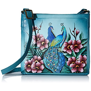 Anna by Anuschka womens Anna Anuschka Women s Genuine Leather Crossbody Organizer Hand Painted Exterior Peacock Lov, Peacock Love, One size US