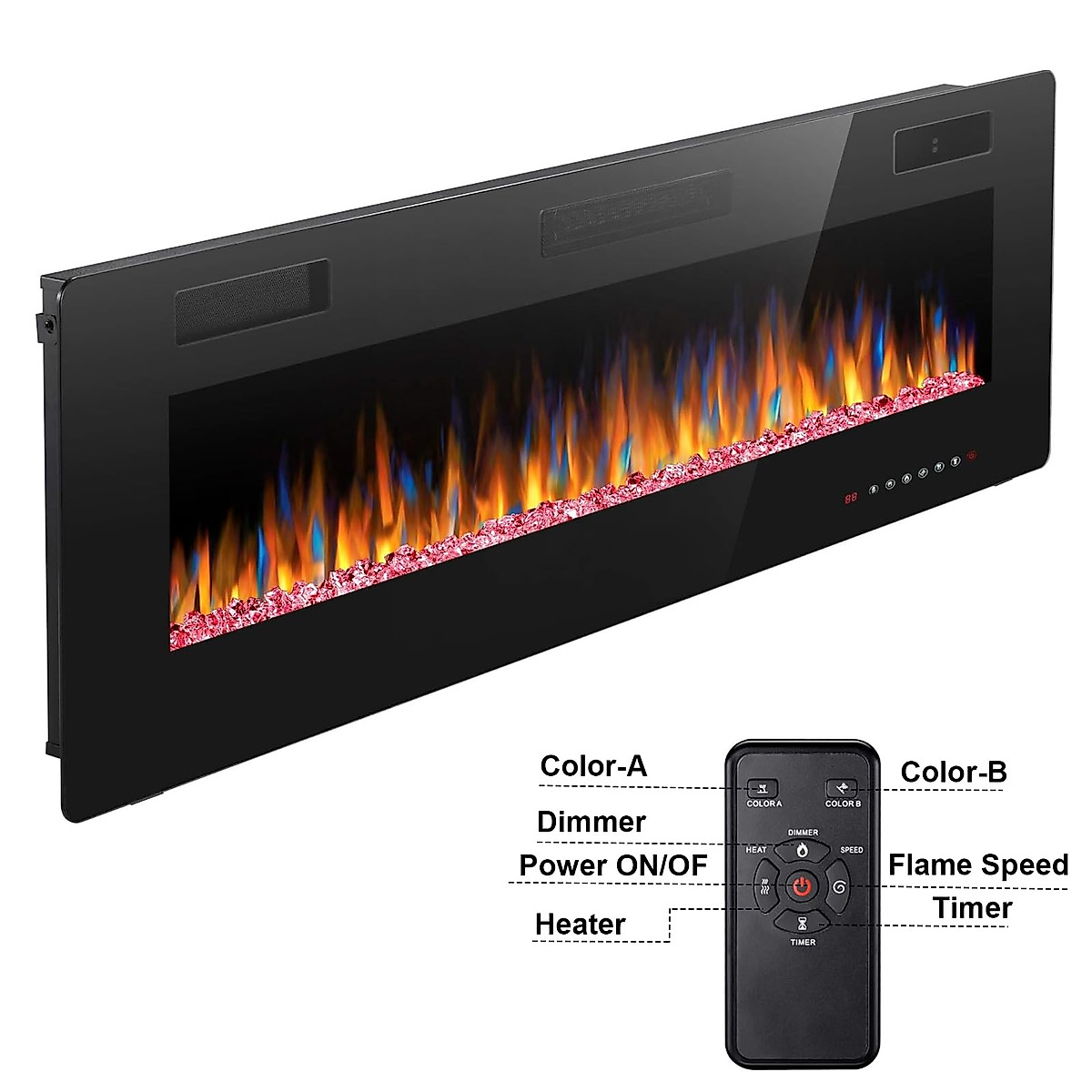 Joy Pebble 60 inch Electric Fireplace Inserts, in-Wall Recessed and Wall Mounted 750/1500W Fireplace Heater, Touch Screen, Remote Control with Timer, Adjustable Flame Color and Speed