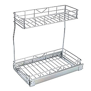 TQVAI Pull Out Cabinet Drawer Organizer, 2 Tier Kitchen Cabinet Roll Out Storage Shelves, Slide Wire Shelf Basket - Request at Least 12 inch Cabinet Opening, Half Top
