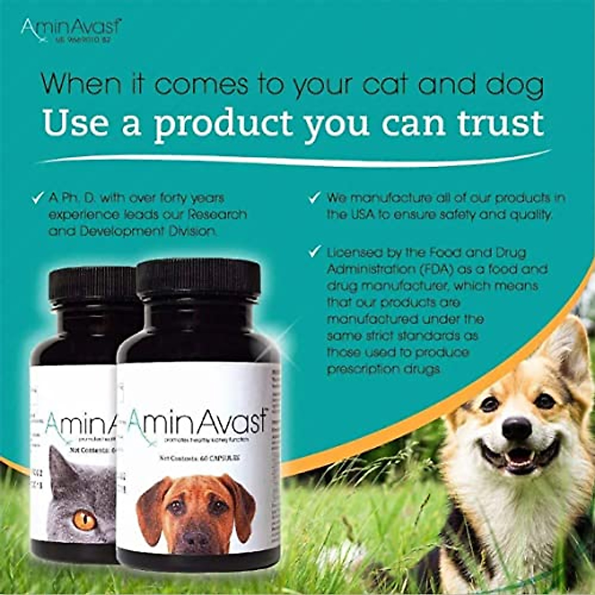 AminAvast Kidney Support Supplement for Cats and Dogs, 1000mg - Promotes Natural Kidney Function - Aids in Health and Vitality of Aging Kidneys - Easily Administered - 60 Sprinkle Capsules