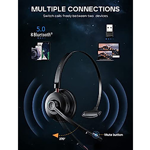 Tribit Bluetooth Headset, Wireless Headset with Microphone Qualcomm CVC 8.0 AI Noise Canceling for Trucker Office, 50H Talk Time Mute Button Headset with Adapter for Computer Cell Phones, CallElite81