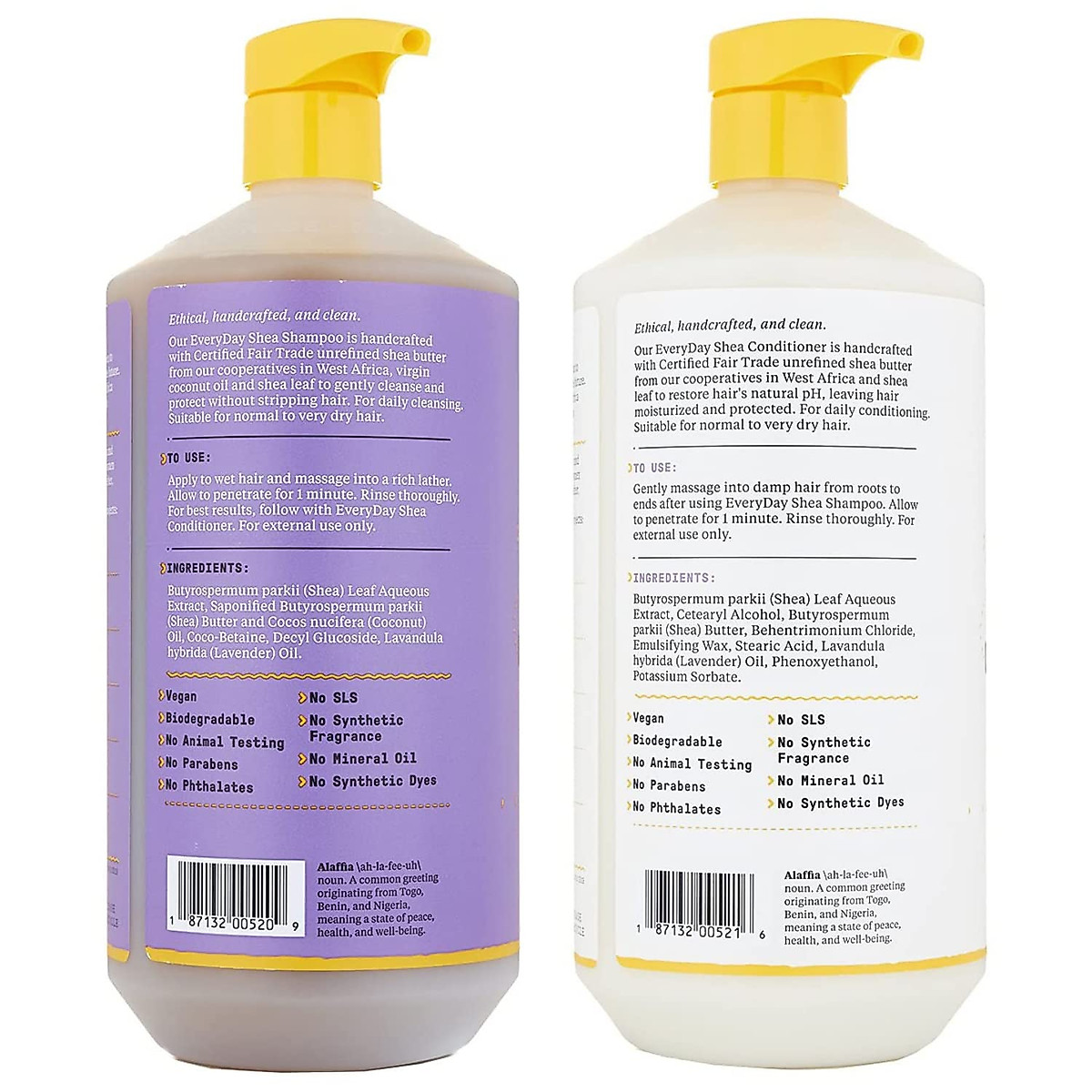 Alaffia EveryDay Shea Shampoo and Conditioner - Normal to Very Dry Hair, Cleans and Protects, Supports Balance pH for Luxurious Locks with Shea Butter and Coconut Oil, Lavender, 32 Oz Each