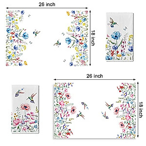 Seliem Summer Anemone Flower Hummingbird Kitchen Dish Towel Set of 2, Wild Floral Ultra Absorbent Hand Drying Baking Cooking Cloth, Spring Seasonal Decor Home Decorations 18 x 26 Inch