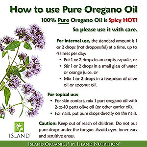 Island Nutrition, Oregano Oil Organic Liquid Drops - 100% Pure & Undiluted - USDA-Certified Organic (1 oz) 75% Carvacrol - Grown in Spain - Immune Support Supplement with Oil of Oregano.
