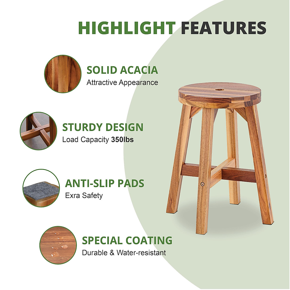 BEEFURNI Round Wooden Stool, Acacia Wood 18 Inch Stool, Wooden Step Stools for Kids, Solid Wood End Table, Plant Stool 350 LBS Load Capacity, Easy to Assemble, 1 Year Warranty