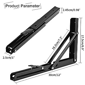YUMORE Folding Shelf Bracket Heavy Duty, 12 Inch Collapsible Shelf Bracket, Black DIY L Bracket for Workbench Folding Table Hinge, Max Load: 330lbs, 2 Pack