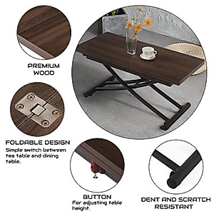 MYSELFLY Living Room Dinning Tables Folding Metal Lift Bracket Multifunction Transform Dinner Kitchen Coffee Tea End Table in Home Wood Desktop Design 40x35 Walnut