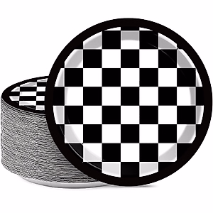 48 Pieces Black and White Checkered Flag Party Paper Plates for Race Car Party Supplies 7" Racing Car Theme Disposable Dessert Plates for Boys Men Birthday Baby Shower Race Fans Party Decorations