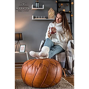 Moderner Faux Leather Pouf Unstuffed Ottoman Moroccan Footstool, Floor Footrest Cushion, Storage Solution - Natural Brown Color (Brown, 23x11)