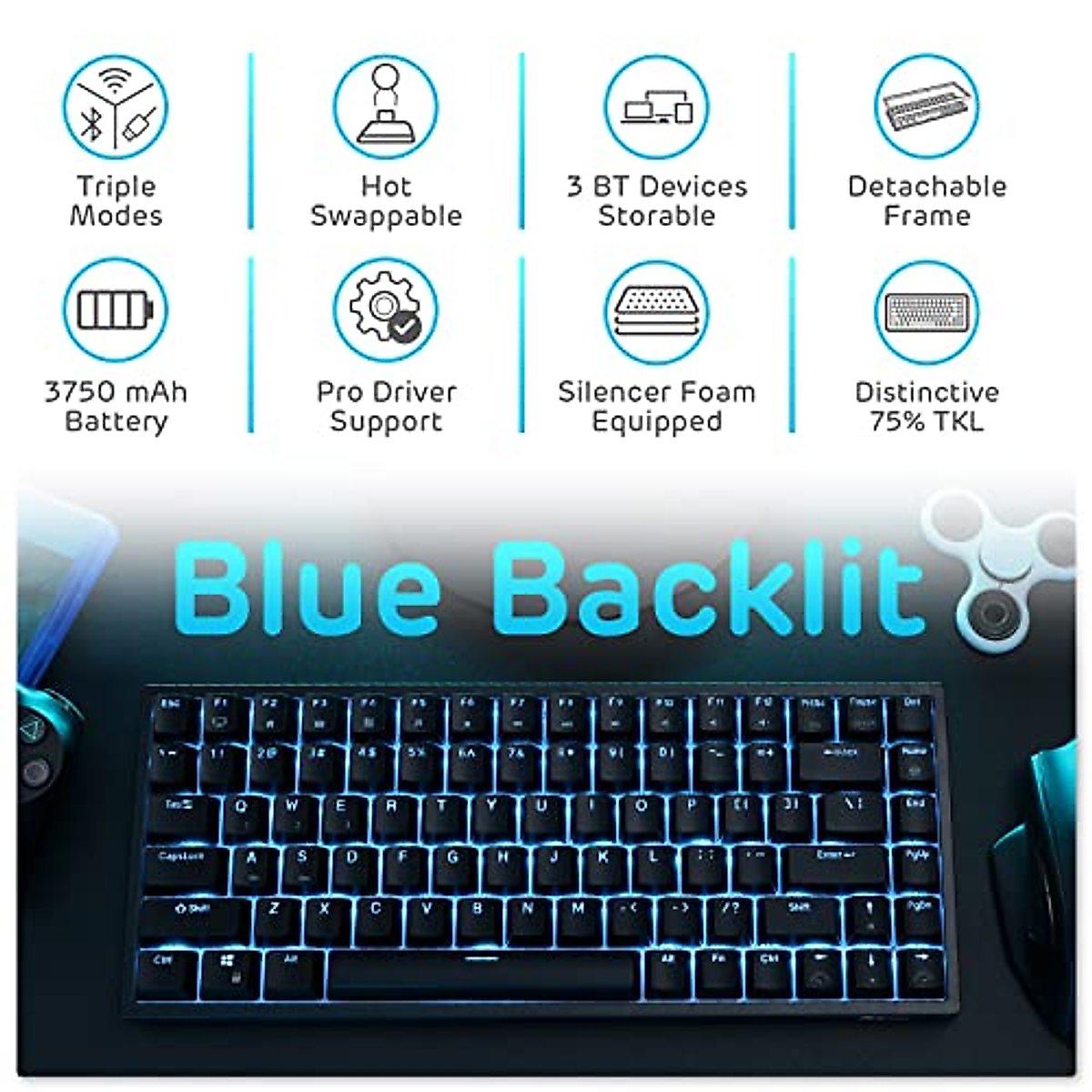 RK ROYAL KLUDGE RK84 Wireless Blue Backlit 75% Triple Mode BT5.0/2.4G/USB-C Hot Swappable Mechanical Keyboard, 84 Keys Tenkeyless Mechanical Keyboard w/Programmable Software, Brown Switch