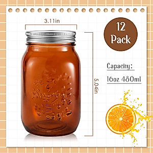 Tessco 12 Pieces 16 oz Amber Mason Jars with Lids Decorative Pint Canning Jars Regular Mouth Kitchen Canisters Glass Food Containers for Storage Pickling Preserving Fermenting, Christmas DIY Crafts