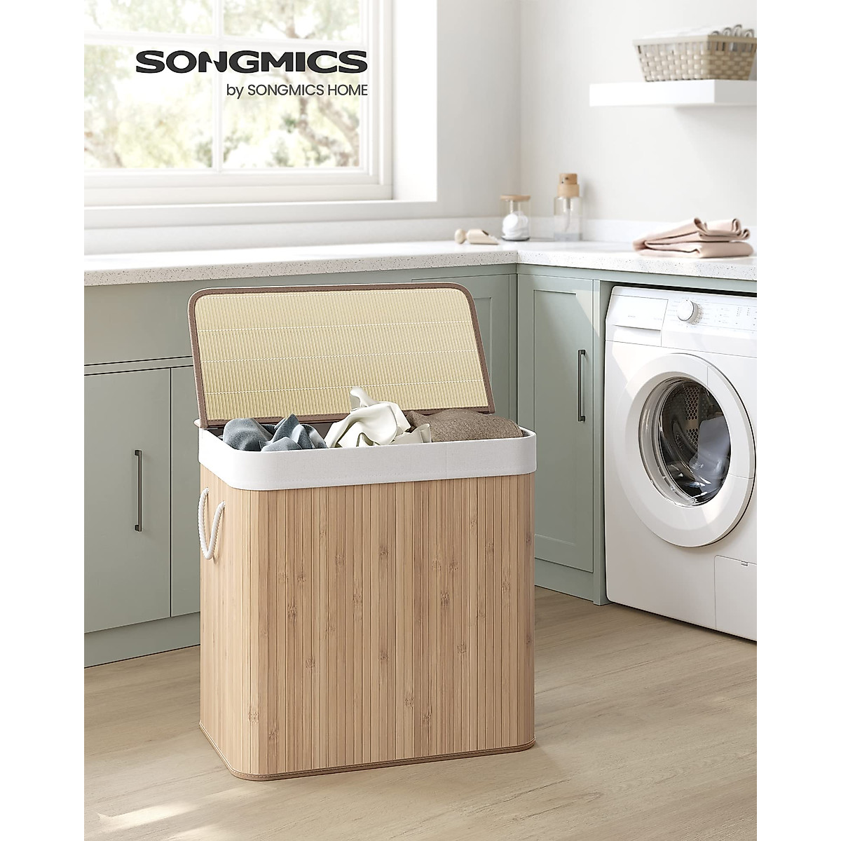 SONGMICS Laundry Hamper, 39.6 Gallons (150L), 3-Section Laundry Basket, Laundry Hamper with Lid, Bamboo, Foldable, Removable and Machine Washable Liner, for Laundry Room, Bedroom, Natural ULCB091N01