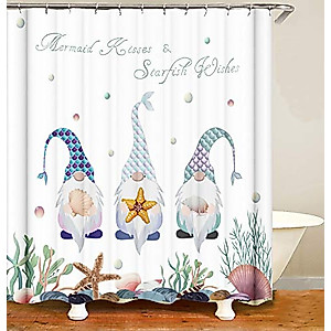 Godeufe 4Pcs Mermaid Gnome Shower Curtain Sets for Bathroom, Waterproof Bath Curtain Set with Non-Slip Rug, Toilet Lid Cover, Bath Mat and 12 Hooks, 70.8x70.8 Inches (White)