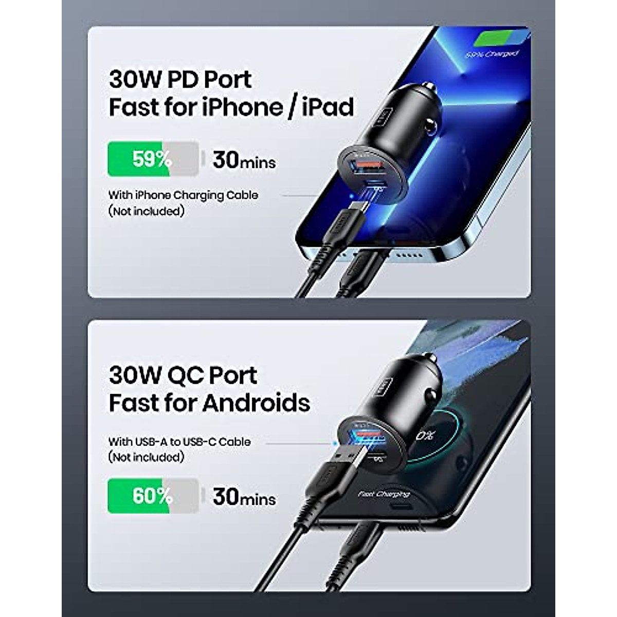 Car Charger, INIU Dual Ports [USB C 30W+USB A 30W] 5A QC 3.0 PD Fast Charge Car Charger Adapter, All-Metal Mini USB C Car Charger for iPhone 14 13 12 Pro Max iPad Samsung S21 MacBook Airpods Tablets