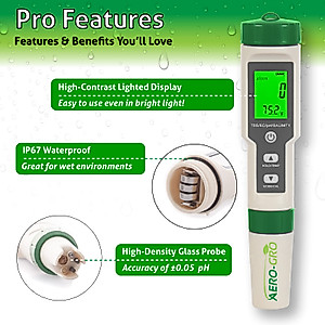 AERO-GRO Digital 5-in-1 Meter: 5 Functions: pH, TDS, EC, Salinity%, Salinity ppm, and Temp, IP67 Waterproof, Pen-Type Tester for Hydroponics, Water, Wine, Spas, Aquariums