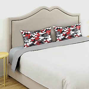 Red Grey Camouflage Pillow Covers Silk Pillowcase for Hair and Skin Soft Smooth Breathable Cooling Satin Pillowcase Standard Size Pillow Case for Bedroom Bed Sleeping (20x26 Inch)