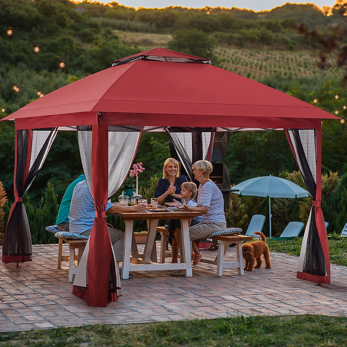UDPATIO 11'x11' Pop up Gazebo Canopy Tent, Outdoor Patio Waterproof Gazebo with Mosquito Netting for Lawn, Garden, Backyard and Deck, Red