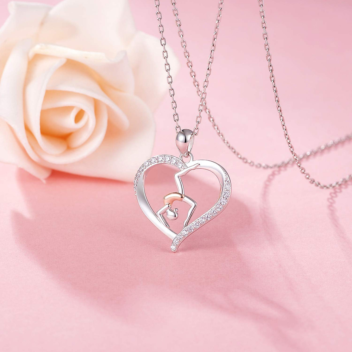 ACJNA 925 Sterling Silver Gymnast Gymnastic Dance Necklace Yoga Sports Heart Pendant Jewelry Birthday Gift Dancer Women Her