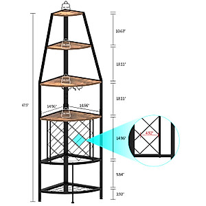 Espelism 5-Tier Corner Wine Rack with LED Light Floor Standing Wine Rack with Glass Holder and Bottles Wine Storage Home Bar Furniture for Kitchen Living Dining Room (Rustic Brown)
