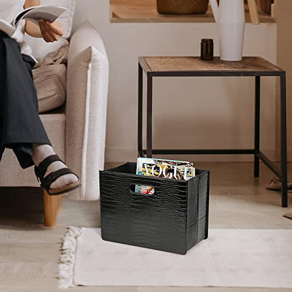 HofferRuffer Magazine Basket Holder, Foldable Magazine Rack, Document File Holder Organizer, File Folder, Newspaper Storage Bin Organizer for Home or Office, Home or Office (Black)