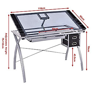 Tangkula Drafting Table Adjustable Home Office Workstation Glass Top Steel Frame Art Craft Station Drawing Desk (Silver 002)