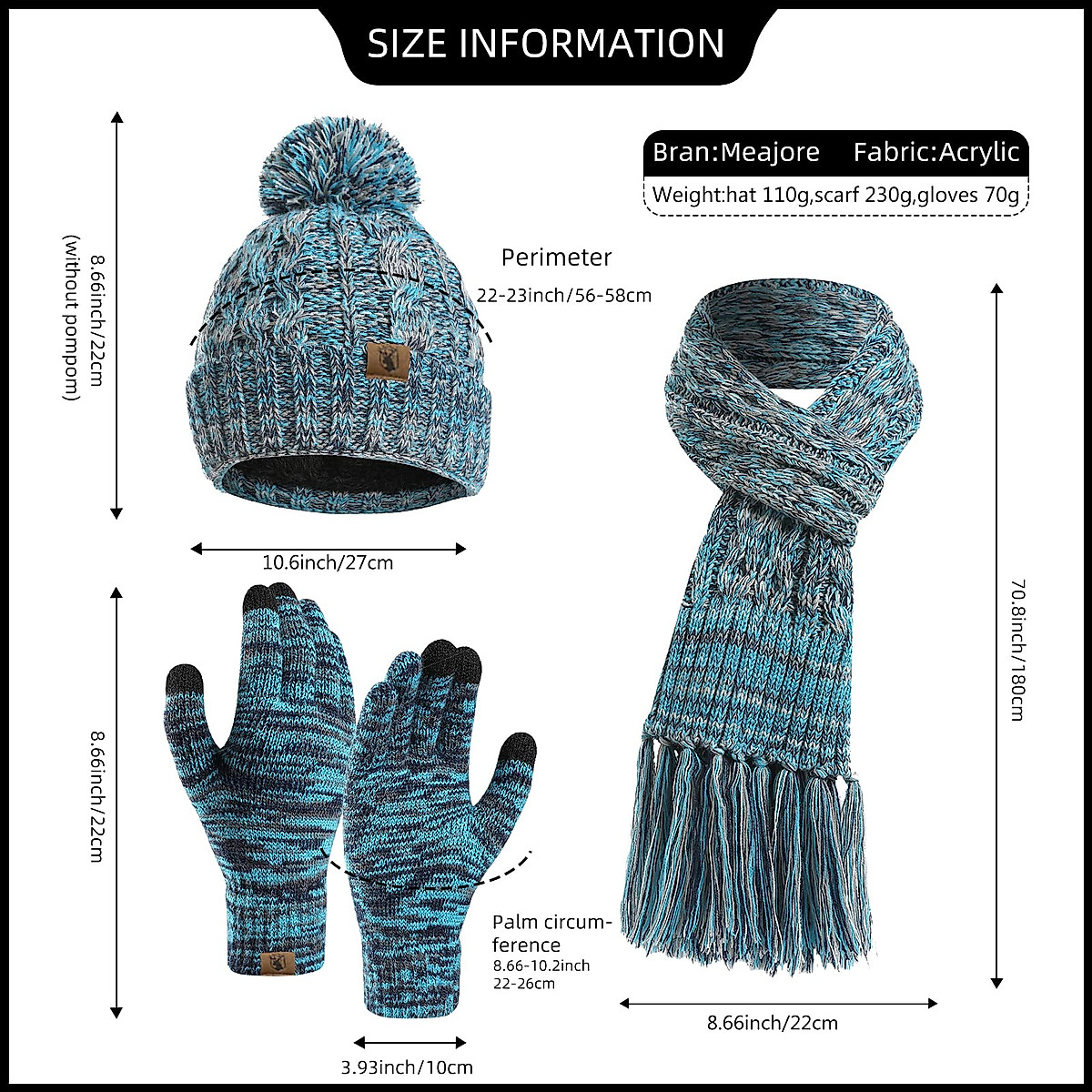 3 in 1 Winter Beanie Hat Neck Warm Scarf and Touch Screen Gloves Set for Women and Men,Knit Cap Set