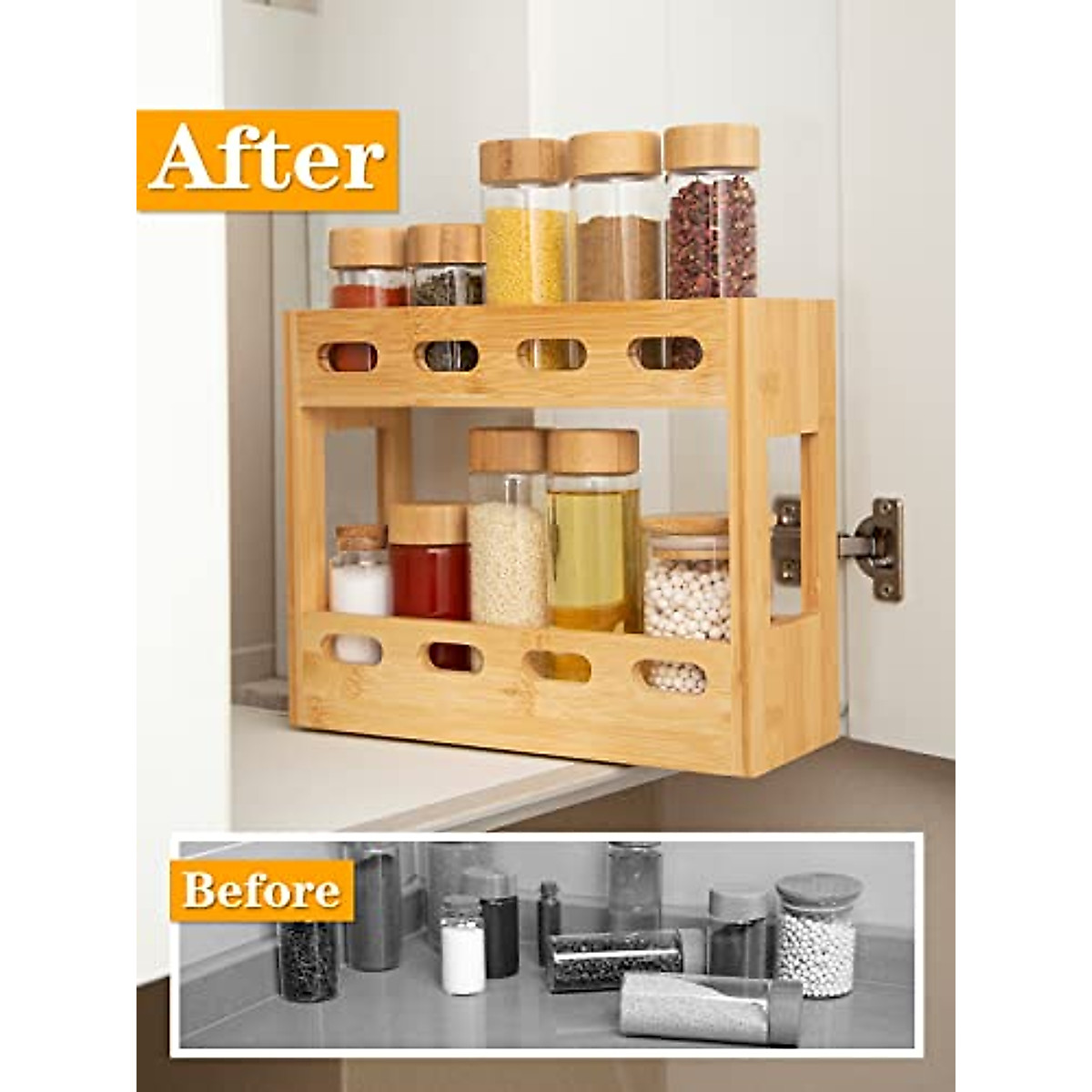 Vinknde Pull Out Spice Rack Organizer for Cabinet,Bamboo Spice Rack Soice Rack 2 Tiers,Slide Out Vertical Seasoning Spice Organizer for Cabinet,Pantry,Kitchen