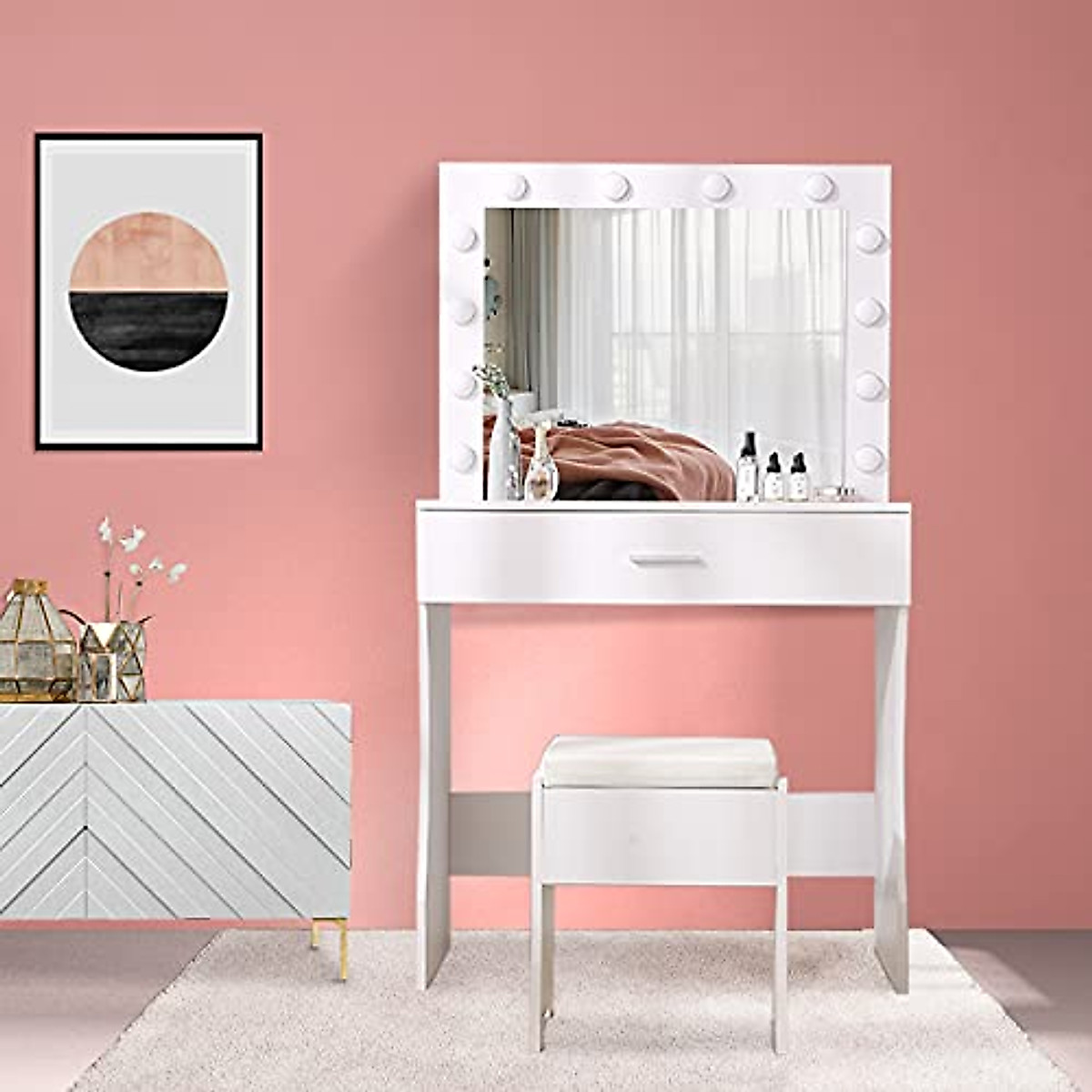 Titoni Vanity Table Set with Lighted Mirror - Makeup Vanity with Lights, Adjustable Brightness, Large Drawer Sturdy Wood Vanity, White 80x40x140cm