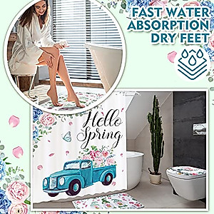 4 Pieces Hello Spring Truck Floral Shower Curtain Sets with Non Slip Rug Butterfly Bathroom Shower Curtain Spring Gnome Bath U Shaped Mat Toilet Lid Cover Waterproof Spring Bathroom Set with Hooks