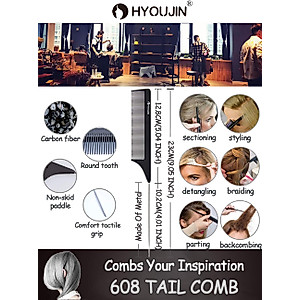 HYOUJIN Carbon Hair Rat Tail Combs Parting Rattail Combs Teasing Fine Tooth Comb Metal Hair Pick Detangling Combs for Women for Curly Hair Black