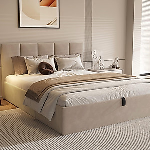 VELOCAVA Queen Size Lift-Up Storage Bed, Hydraulic Linen Upholstered Bed Frame with Vertical Panel Headboard, Wooden Slat Support, No Box Spring Needed, Easy Assembly, Soft Bed, Beige